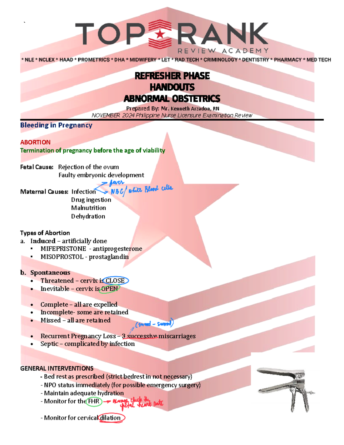 Handouts - Abnormal OB - MR. Kenneth Arzadon - ` REFRESHER PHASE ...