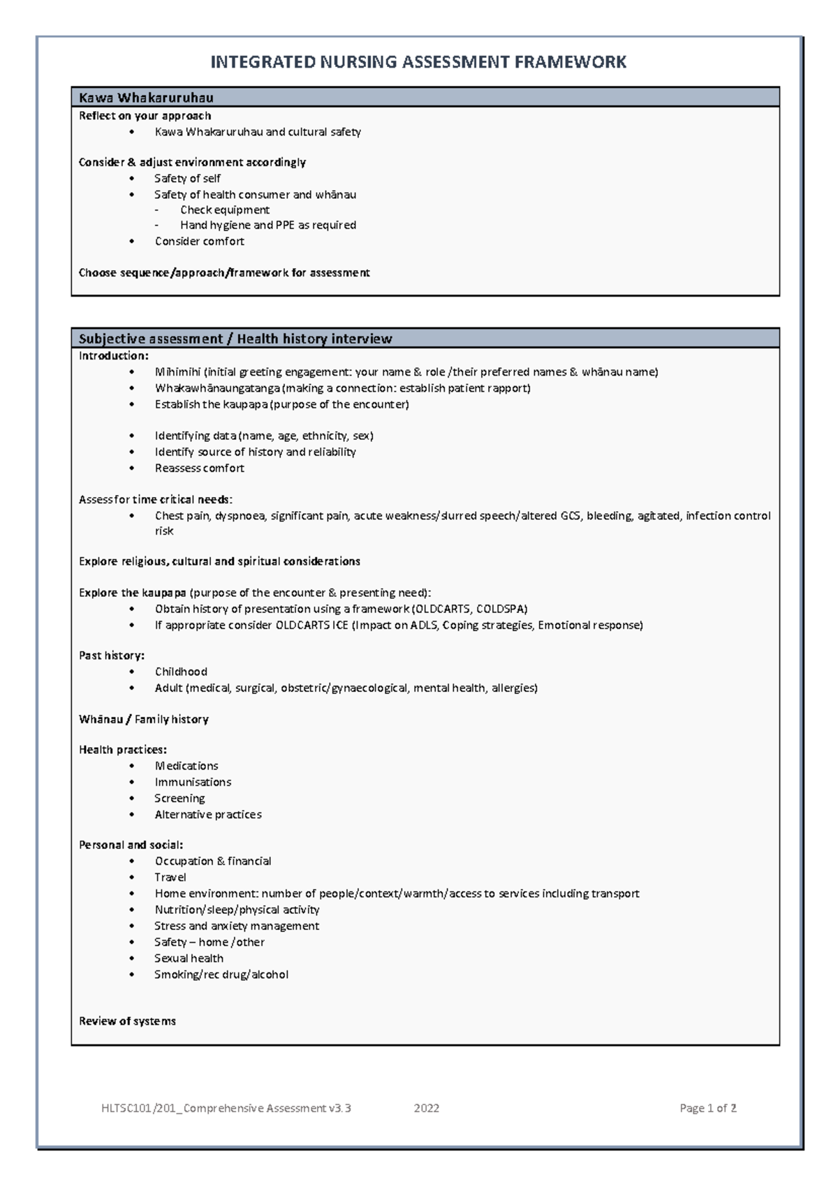 Comprehensive assessment outline v3 - INTEGRATED NURSING ASSESSMENT FRAMEWORK - Studocu