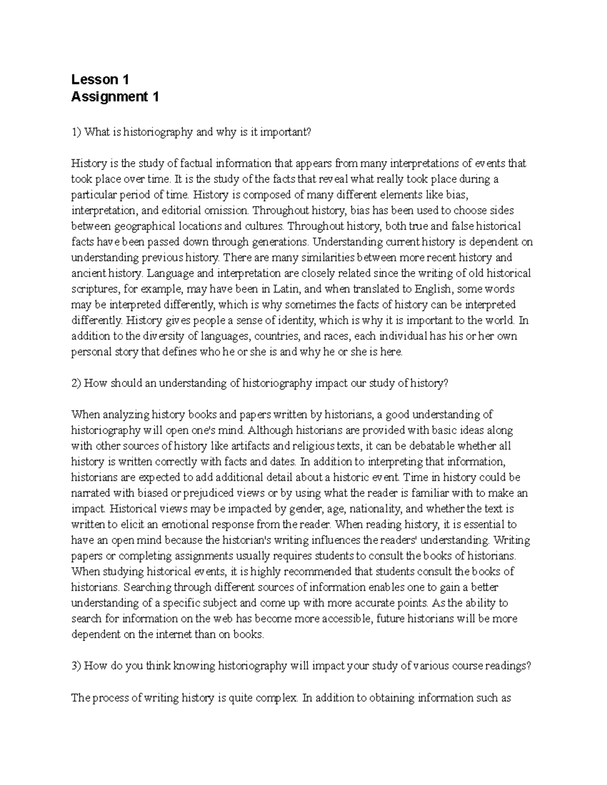 Lesson 1 2 - history - Lesson 1 Assignment 1 What is historiography and ...