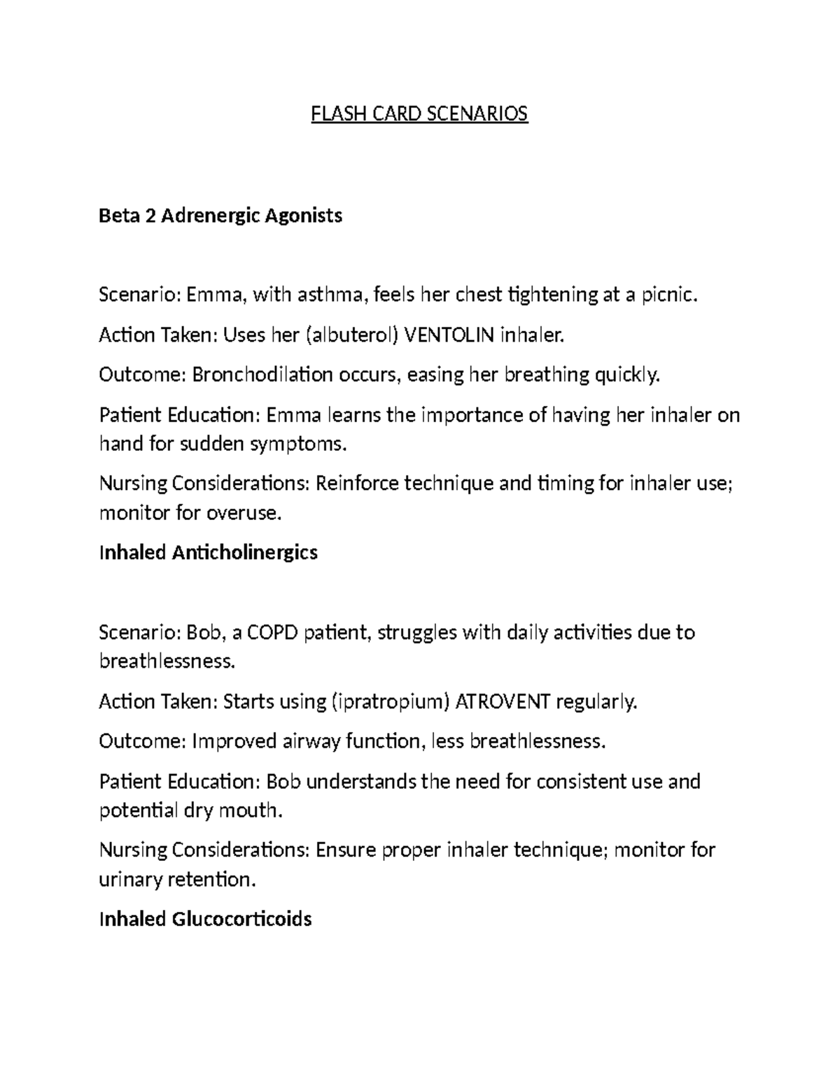 Scenarioflashcards respiratory - FLASH CARD SCENARIOS Beta 2 Adrenergic ...