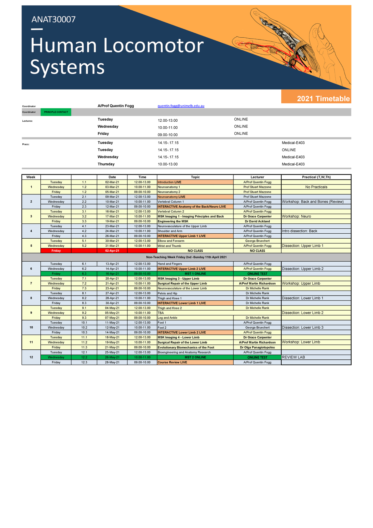 ANAT30007 timetable 2021 v1 - 2021 Timetable Coordinator A/Prof Quentin ...