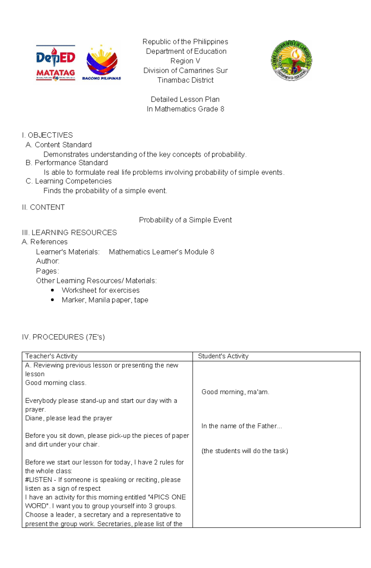 Lesson Plan for Probability of Simple Event - Republic of the ...