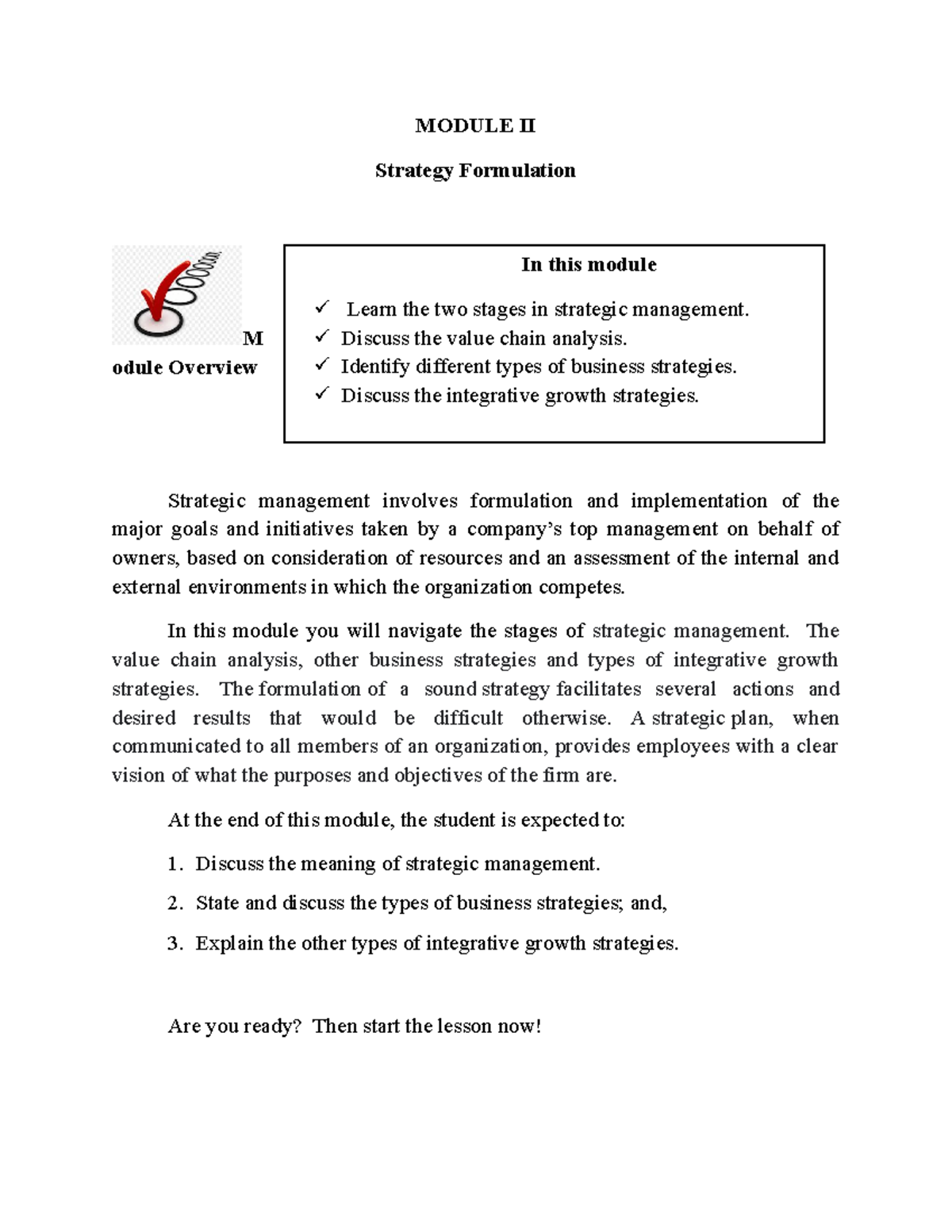 Lesson 1-Business Strategies Strategy Formulation - MODULE II Strategy ...