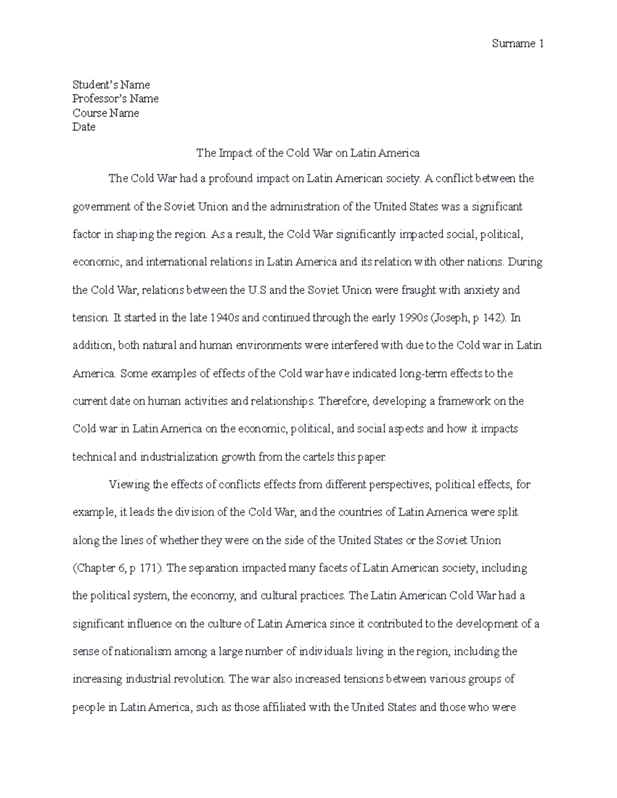 The Impact Of The Cold War On Latin America - Student’s Name Professor ...