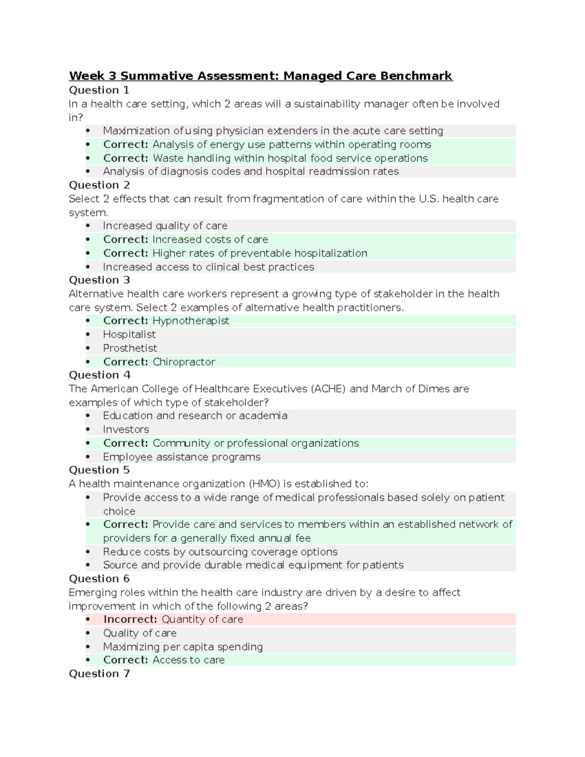 WEEK 3 BENCHMARK - Week 3 Summative Assessment: Managed Care Benchmark ...