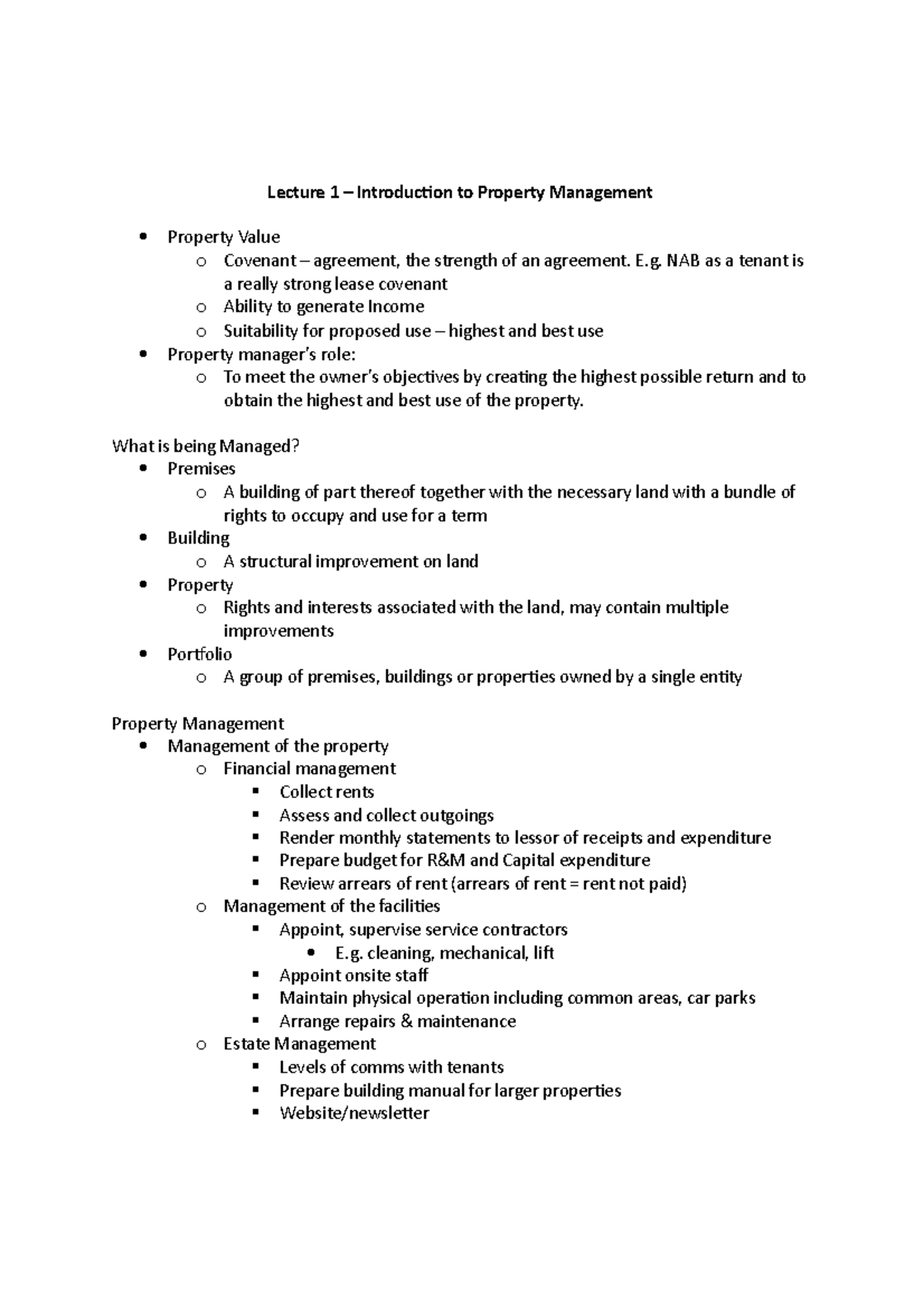 L1 – Introduction to Property Management - Lecture 1 – Introduction to ...