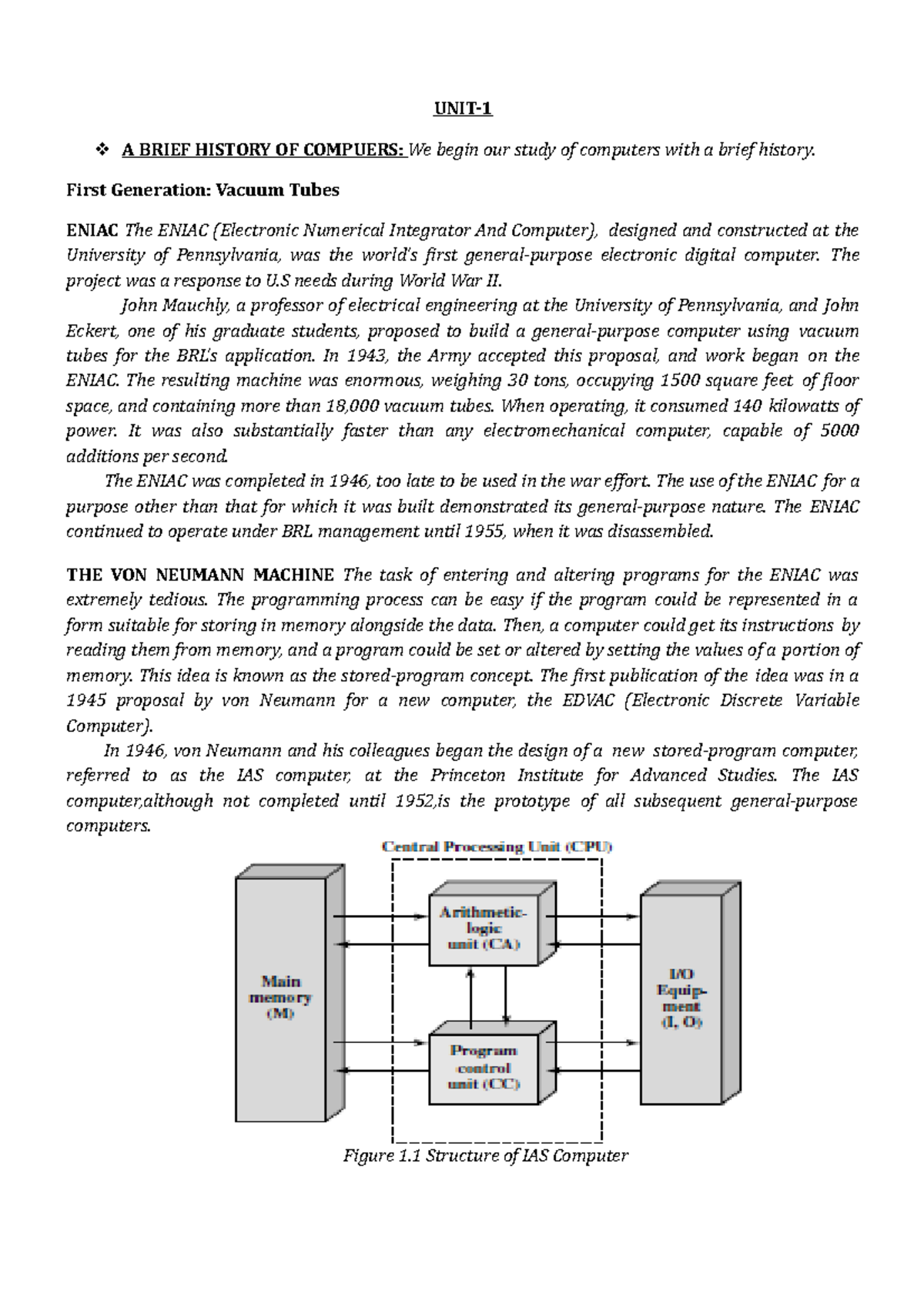 COA - complete notes - UNIT- A BRIEF HISTORY OF COMPUERS: We begin our ...