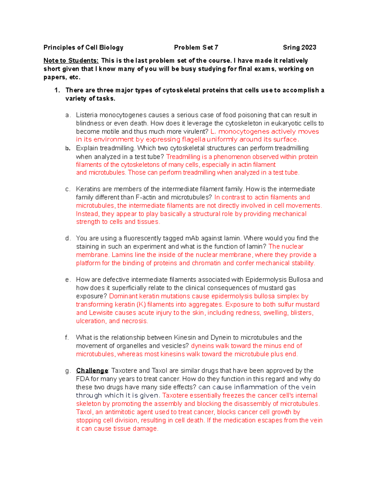 Problem Set 7 Spring 2023 copy - Principles of Cell Biology Problem Set 7 Sring 2023 Note to ...