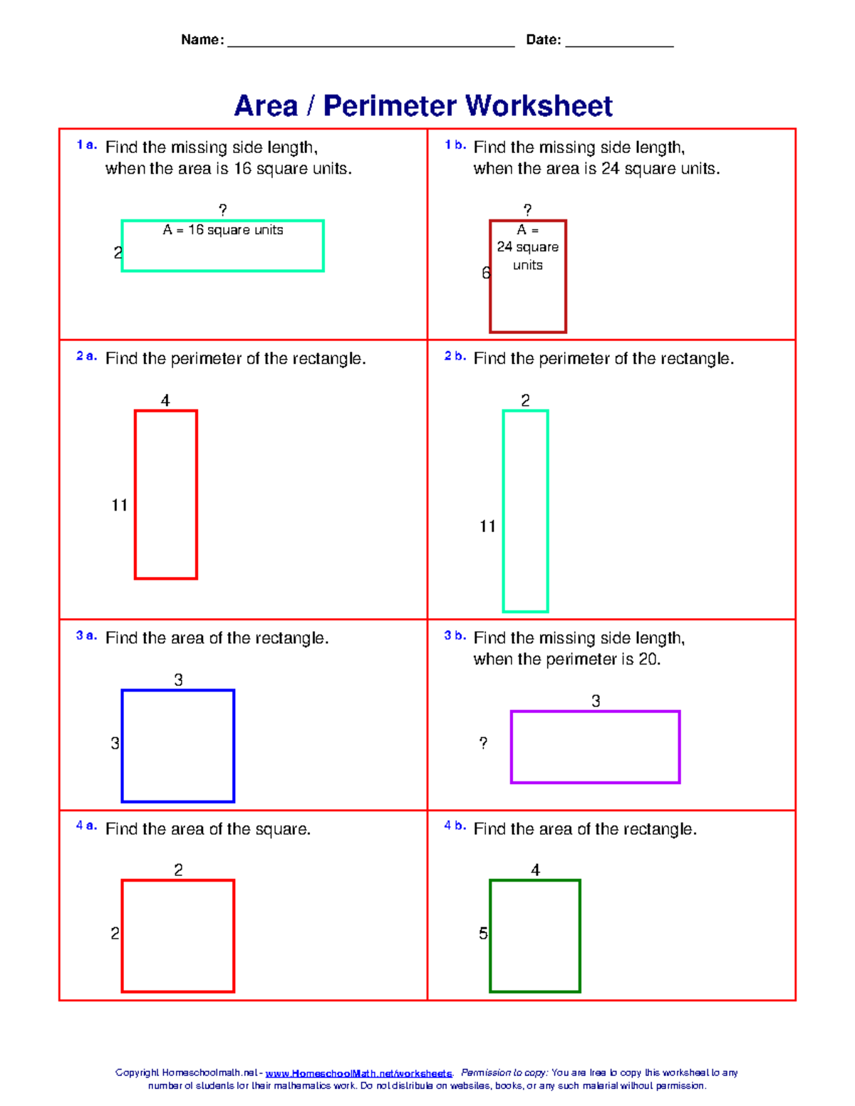 Find Area Perimeter Missing Side - Name ...