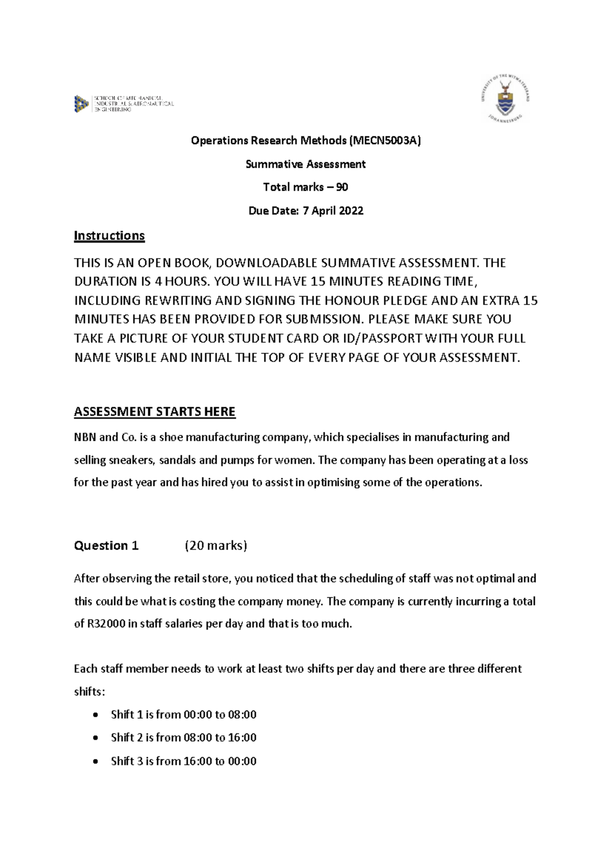 Summative assessment April 2022 - Operations Research Methods ...