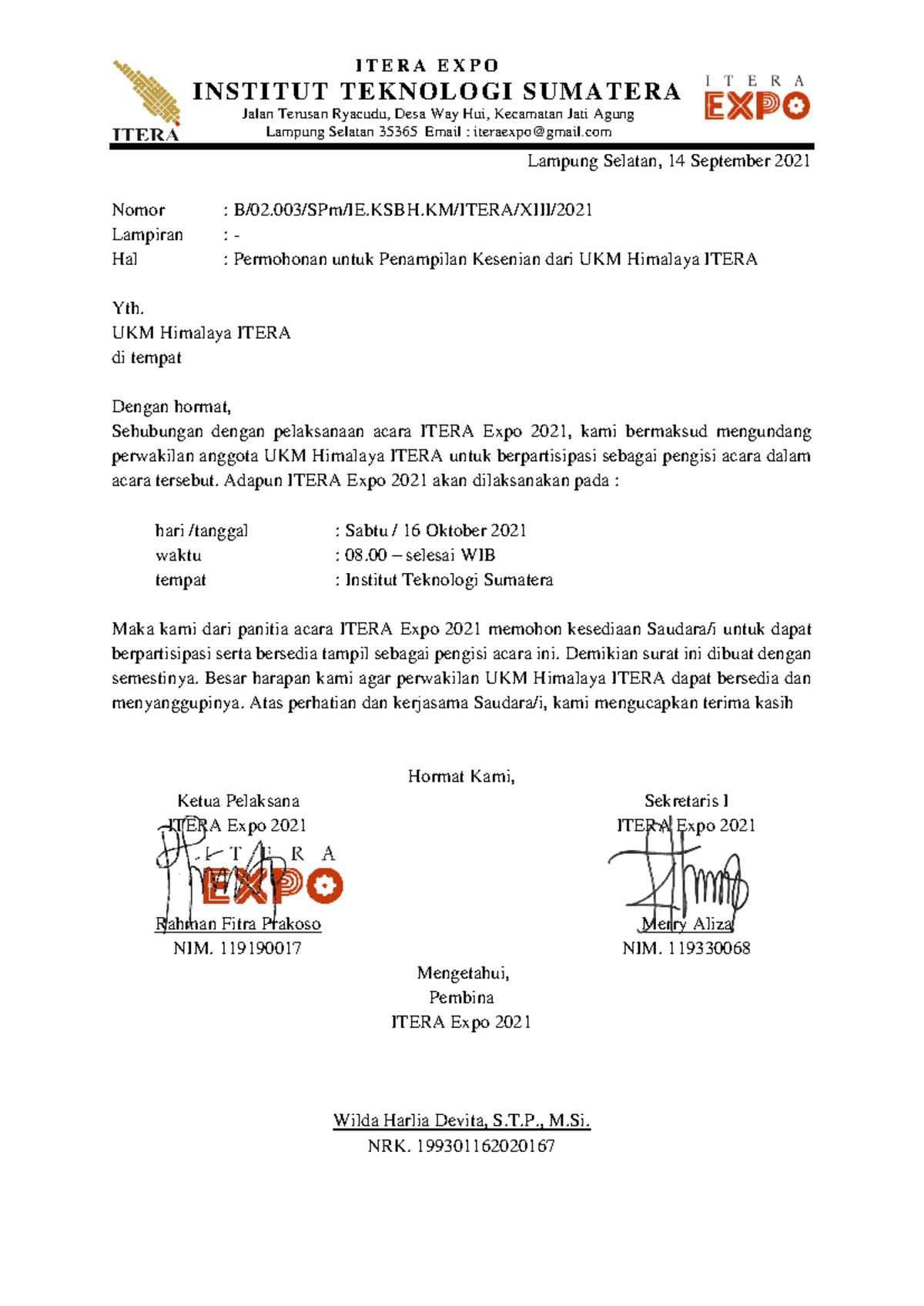 003. Surat Permohonan Penampilan UKM Himalaya Itera Expo 2021 - I T E R ...