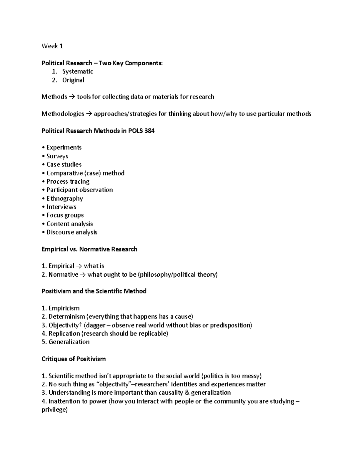 Pols 384 Master Note - lecture slide notes week 1-8 - Week 1 Political ...