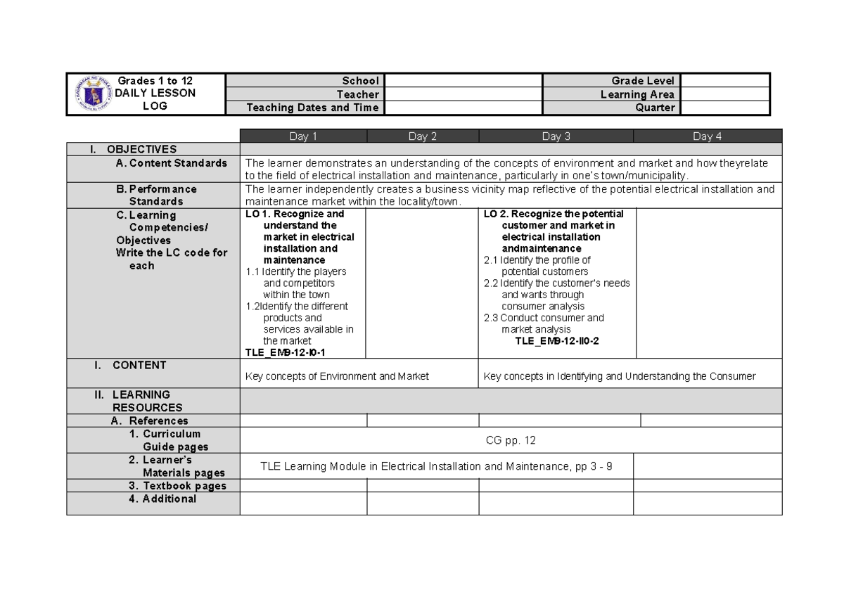 Week 2 for EIM 11 - Grades 1 to 12 DAILY LESSON LOG School Grade Level ...