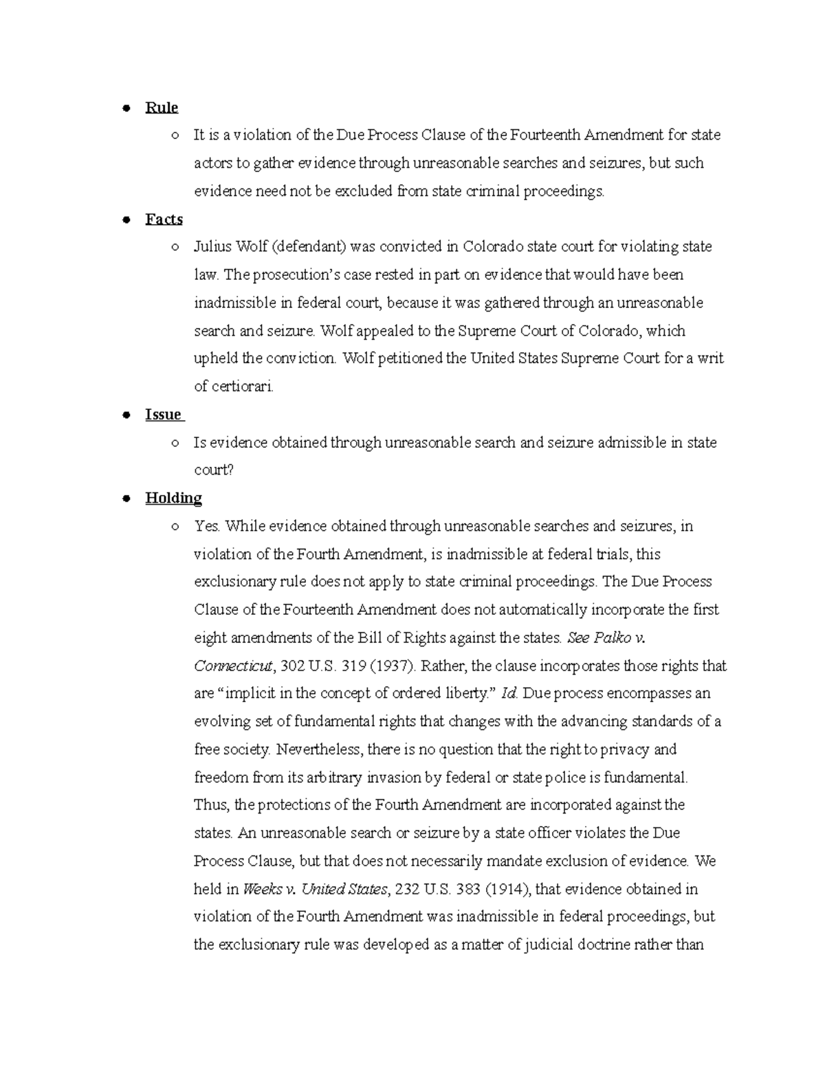 Crim Pro 2022- Wolf v. Colorado - Rule It is a violation of the Due ...
