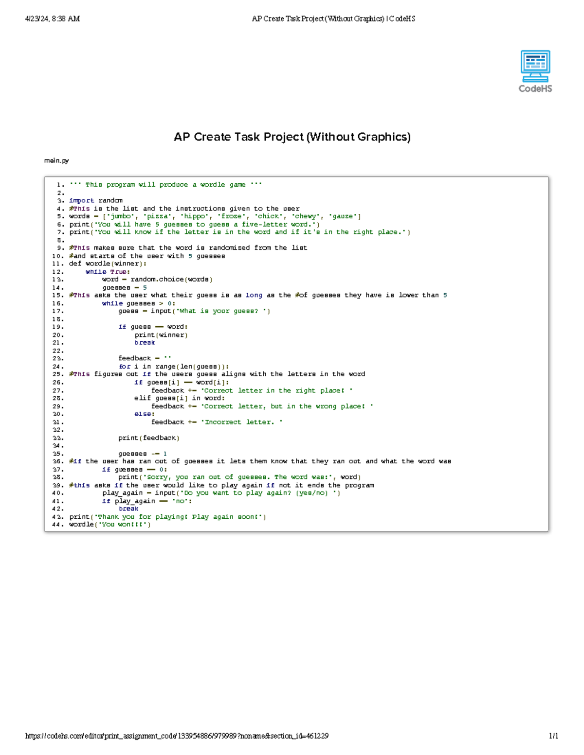 Ap Create Task Project Without Graphics Code Hs 42324 838 Am Ap Create Task Project