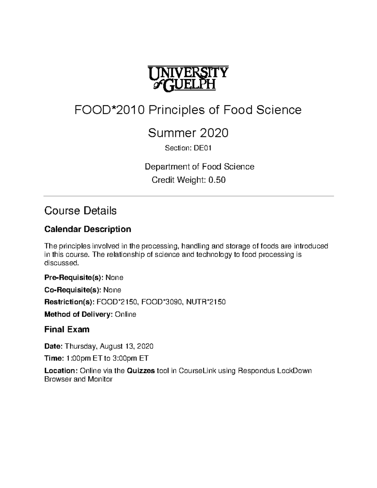 FOOD 2010 Outline - UNIVERSITY g/"GUELPH FOOD*2010 Principles of Food ...