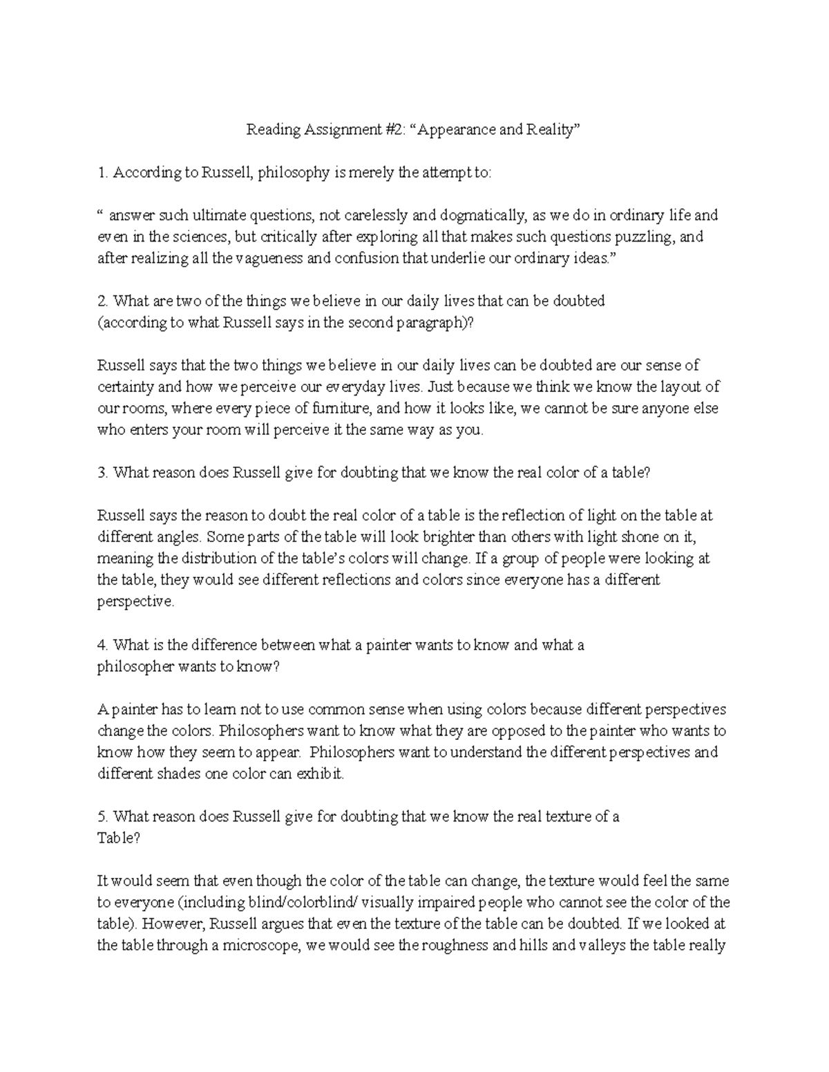 Phil 101 Reading Assignment #2 - Reading Assignment #2: “Appearance and ...