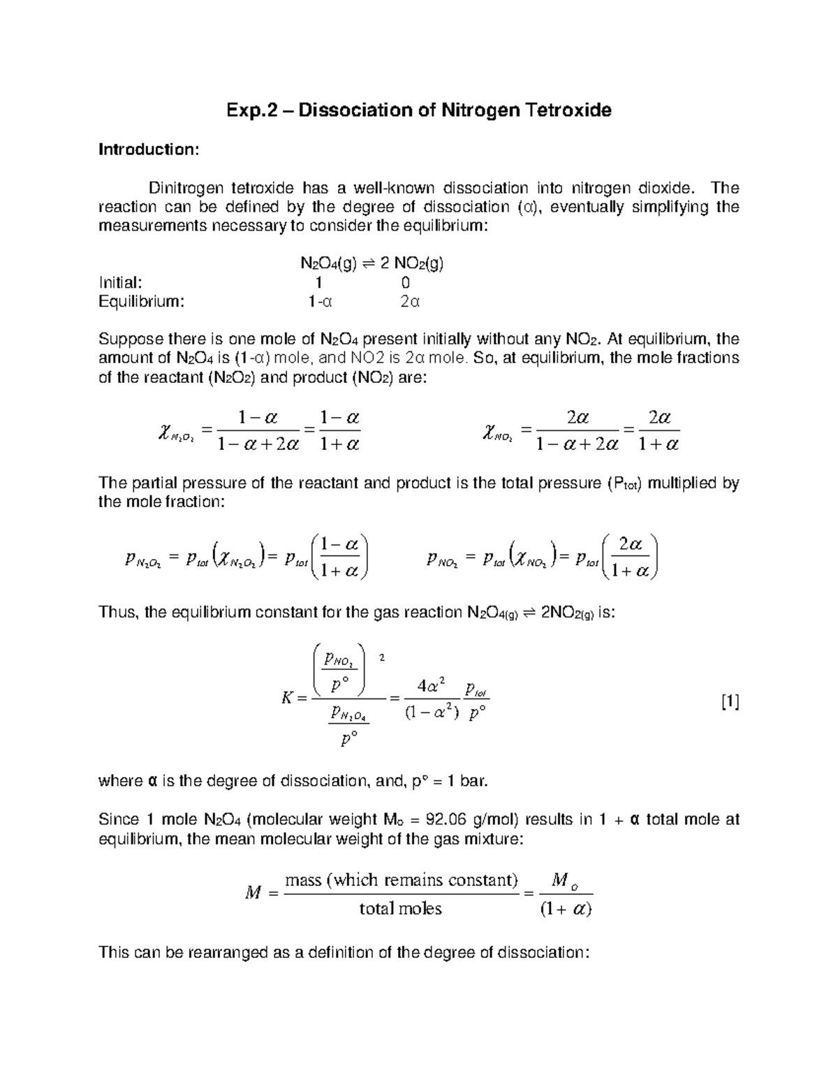 Exp.3 - Dissociation of N2O4 - Exp. 2 – Dissociation of Nitrogen ...