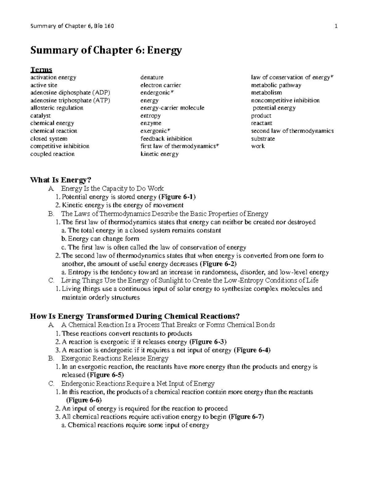 Ch 6 Summary v - Summary of Chapter 6, Bio 160 1 Summary of Chapter 6 ...