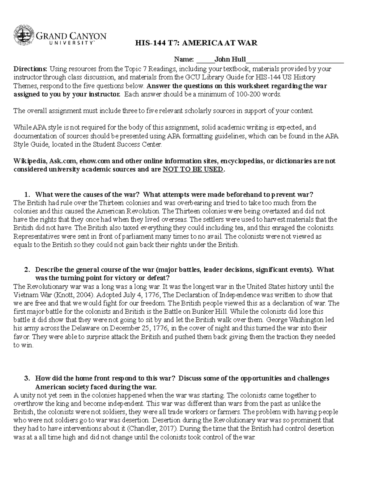 HIS-144-T7.America at War Worksheet Online - Hist-144 - GCU - Studocu