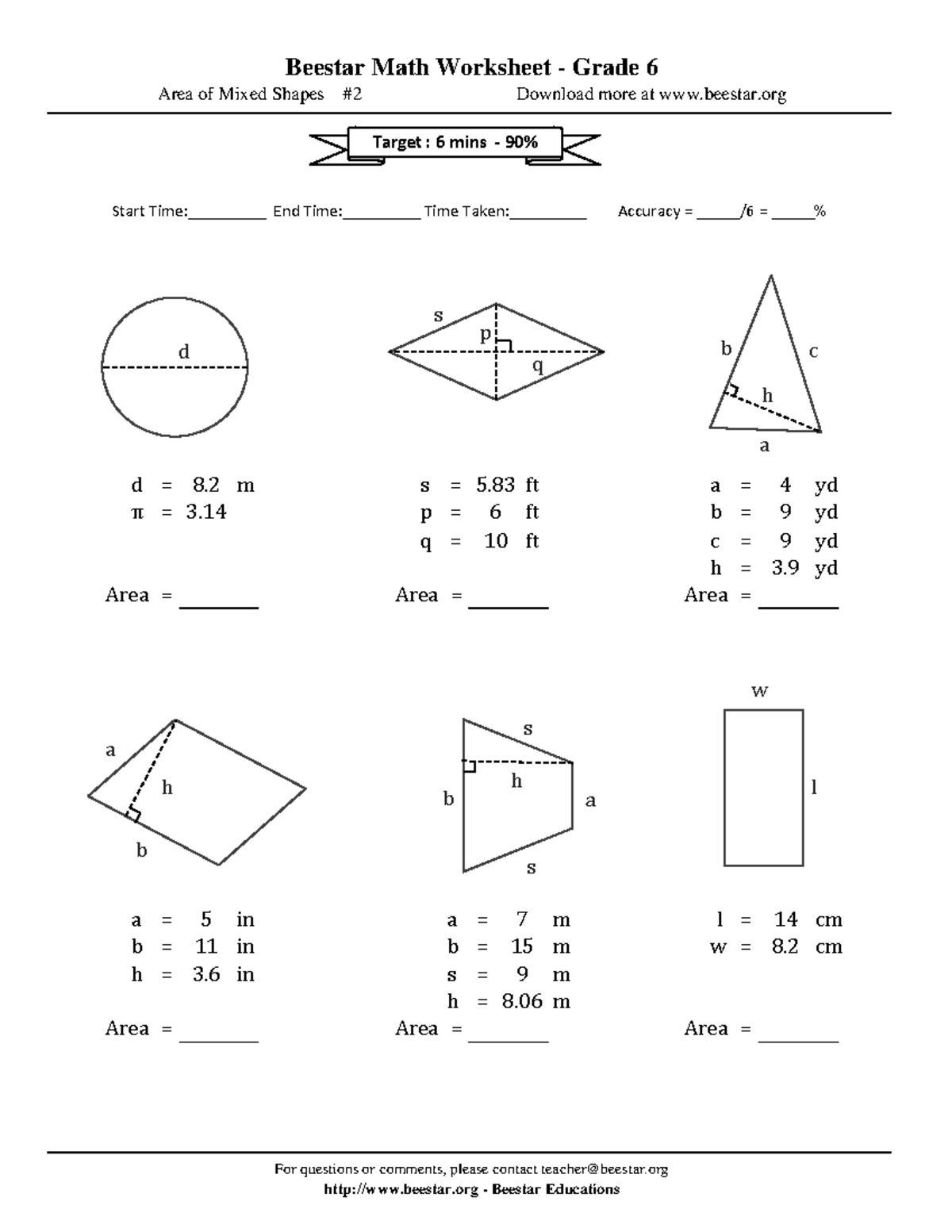 Grade 6 geometry area mixed shape 02 - Beestar Math Worksheet - Grade 6 ...