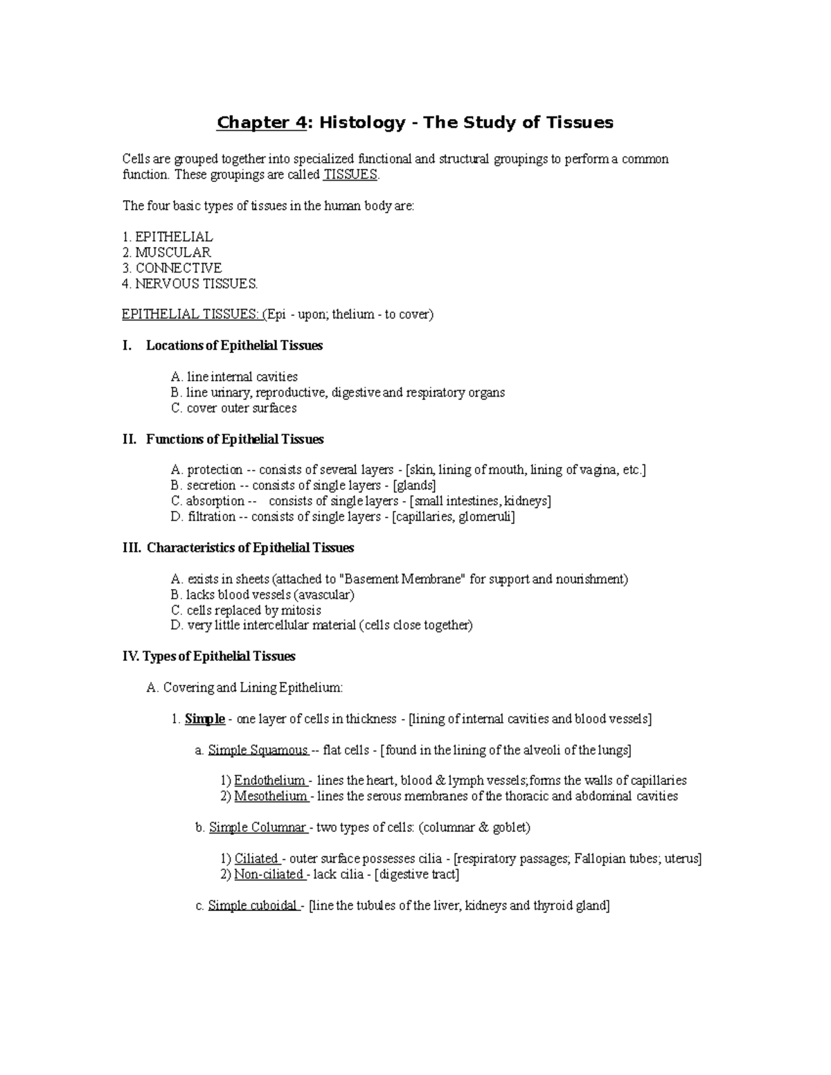 Chap 4 - Tissues - Summary Human Anatomy - Chapter 4: Histology The ...