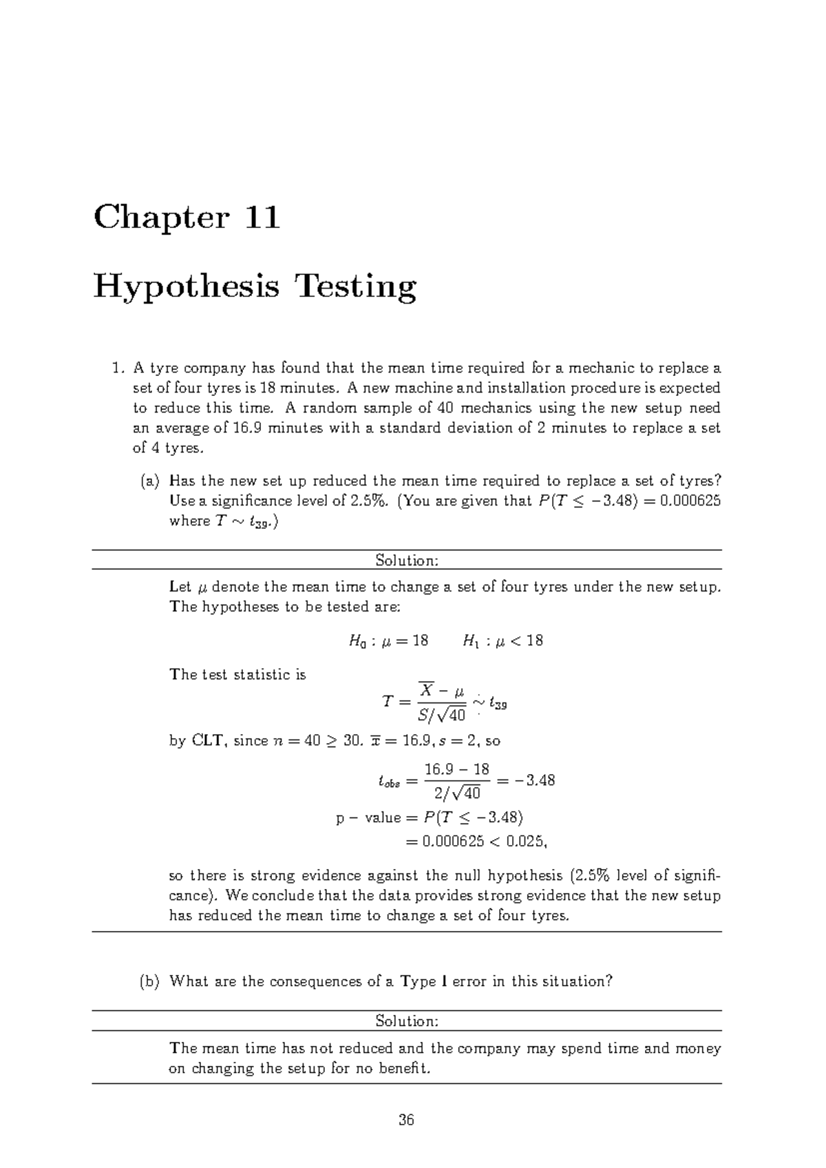 Problem Solving-Solutions(11) - Chapter 11 Hypothesis Testing A tyre ...