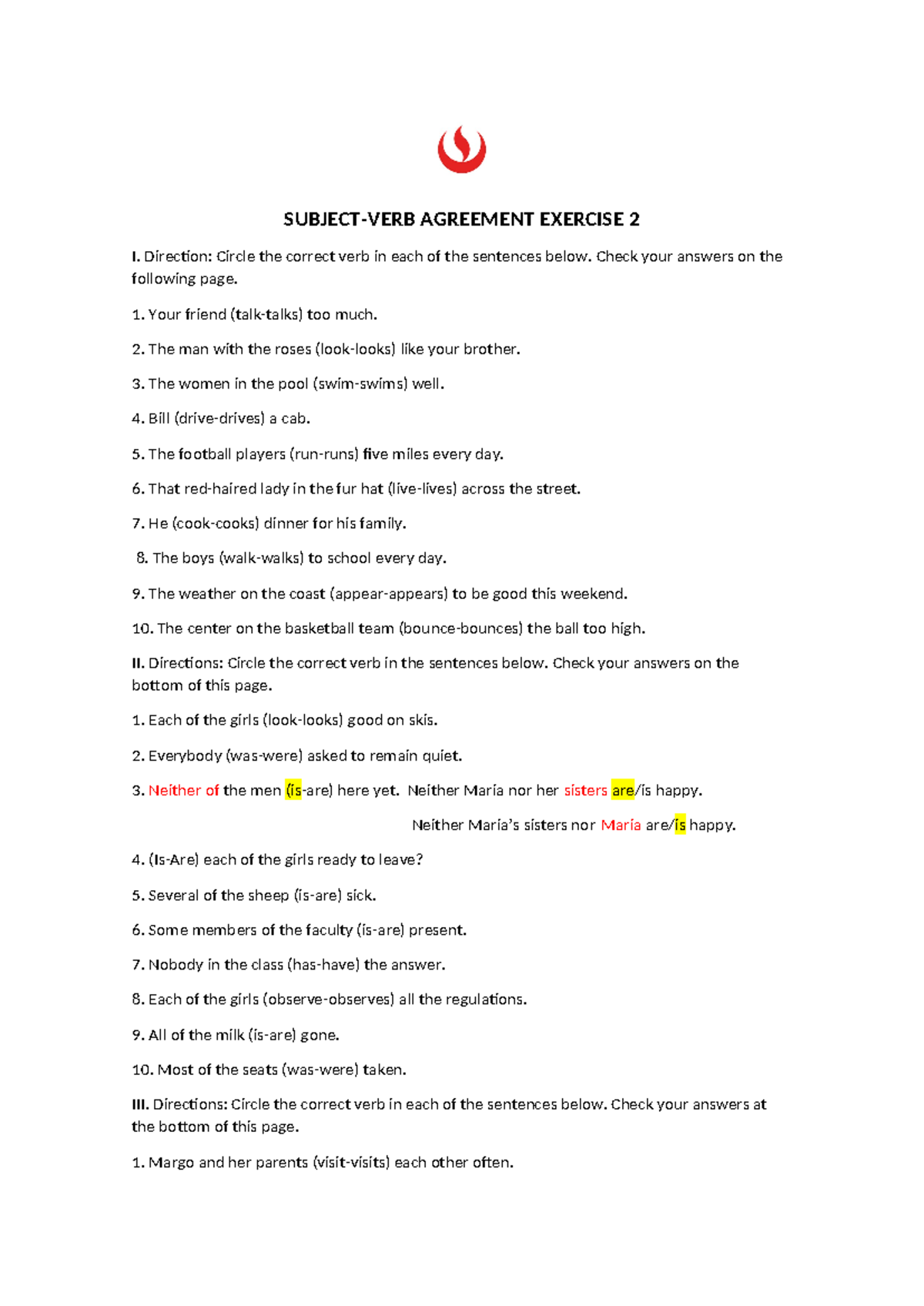 Subject verb agreement Exercise 2 - SUBJECT-VERB AGREEMENT EXERCISE 2 I ...
