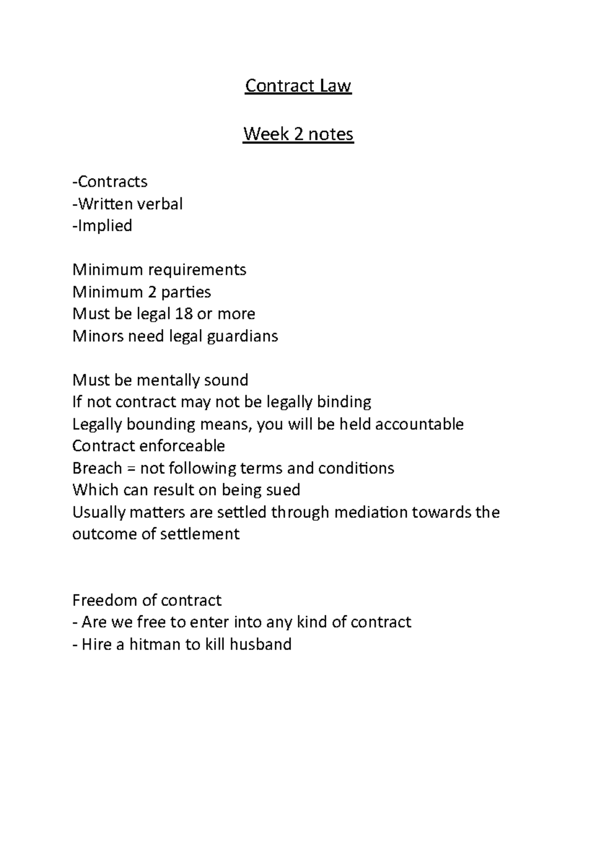 Contract Law - notes for the above unit - Contract Law Week 2 notes ...