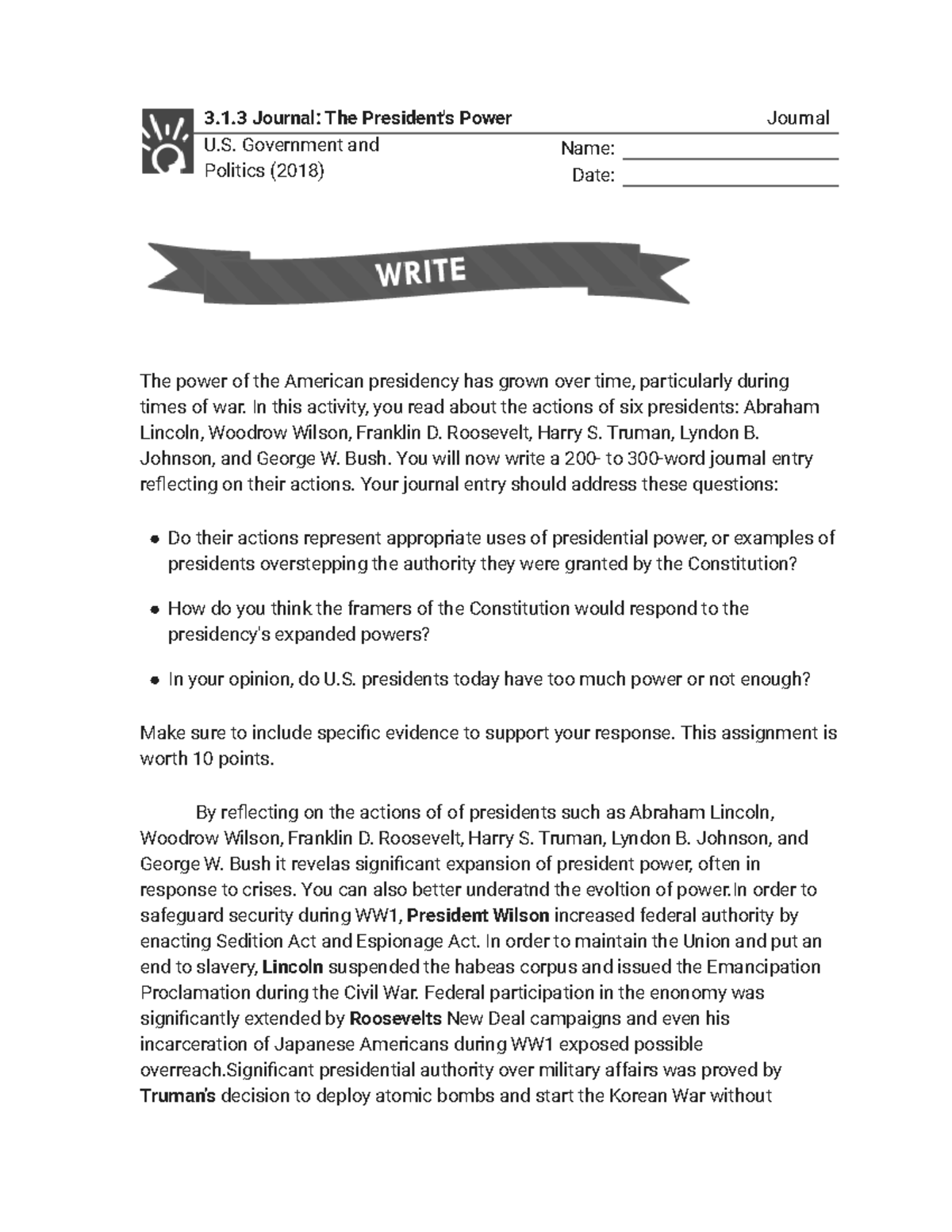 3.1.3 Journal - The President's Power (Journal) - 3.1 Journal: The ...