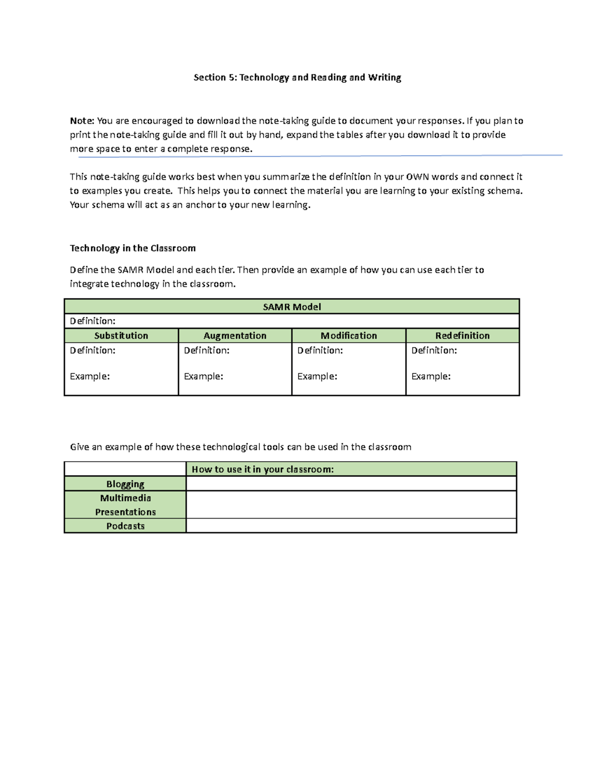 Unit 5 Study - Section 5: Technology and Reading and Writing Note: You ...