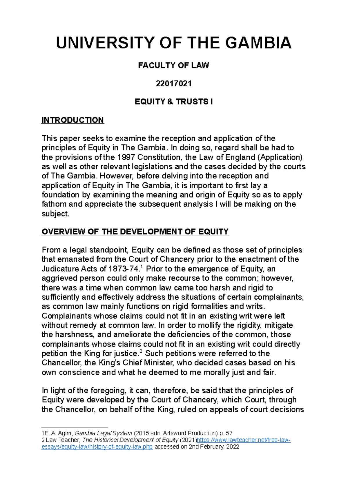Equity and Trusts I (1st Assignment)-1 - UNIVERSITY OF THE GAMBIA FACULTY OF LAW 22017021 EQUITY ...