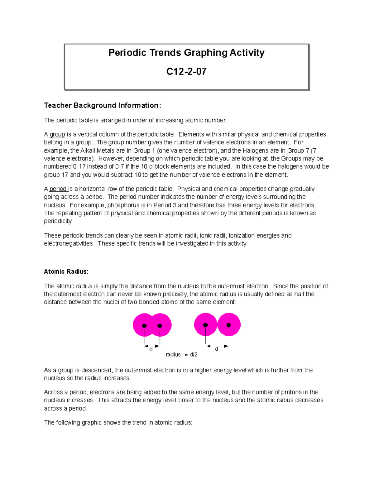 Periodic Trends C12 2 07 Teacher Background Information The Periodic