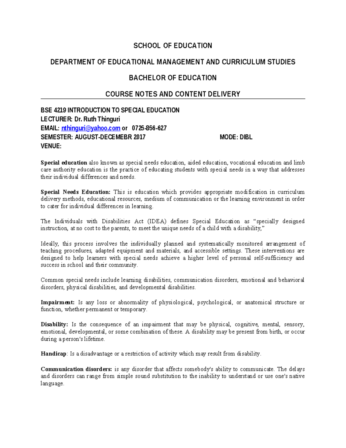 BSE 4919 Introduction TO Special Education Notes DIBL - SCHOOL OF ...