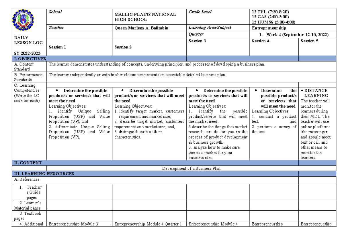 Entrep 12 Q1 W4(QMAB) - DAILY LESSON LOG SY 2022- School MALLIG PLAINS ...