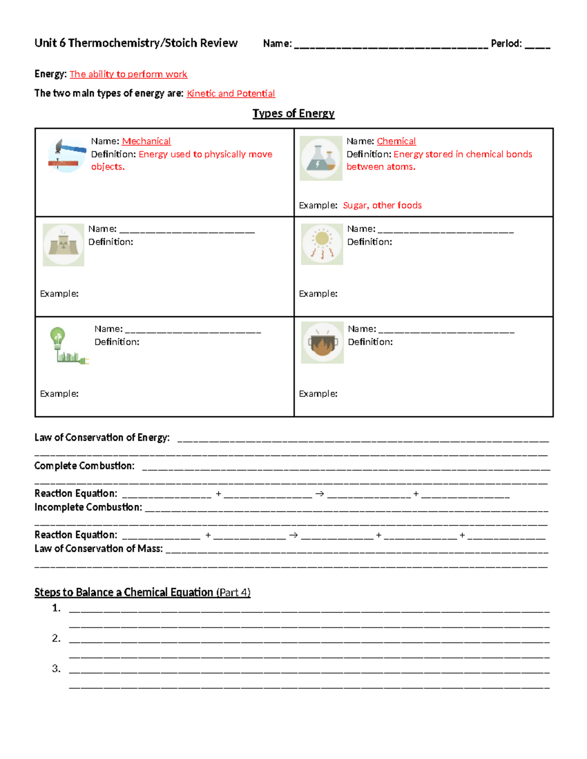 CHEM Notes UNIT 6 - n/a - Unit 6 Thermochemistry/Stoich Review Name ...