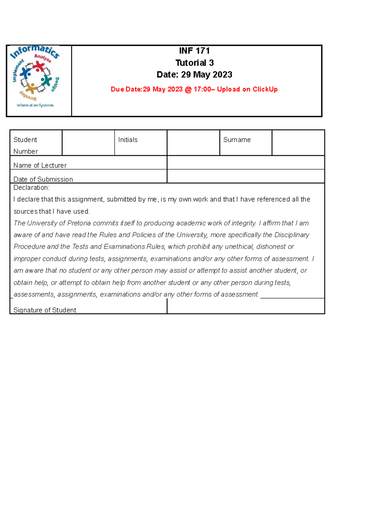 Tutorial 5 Instructions - INF 171 Tutorial 3 Date: 29 May 2023 Due Date ...