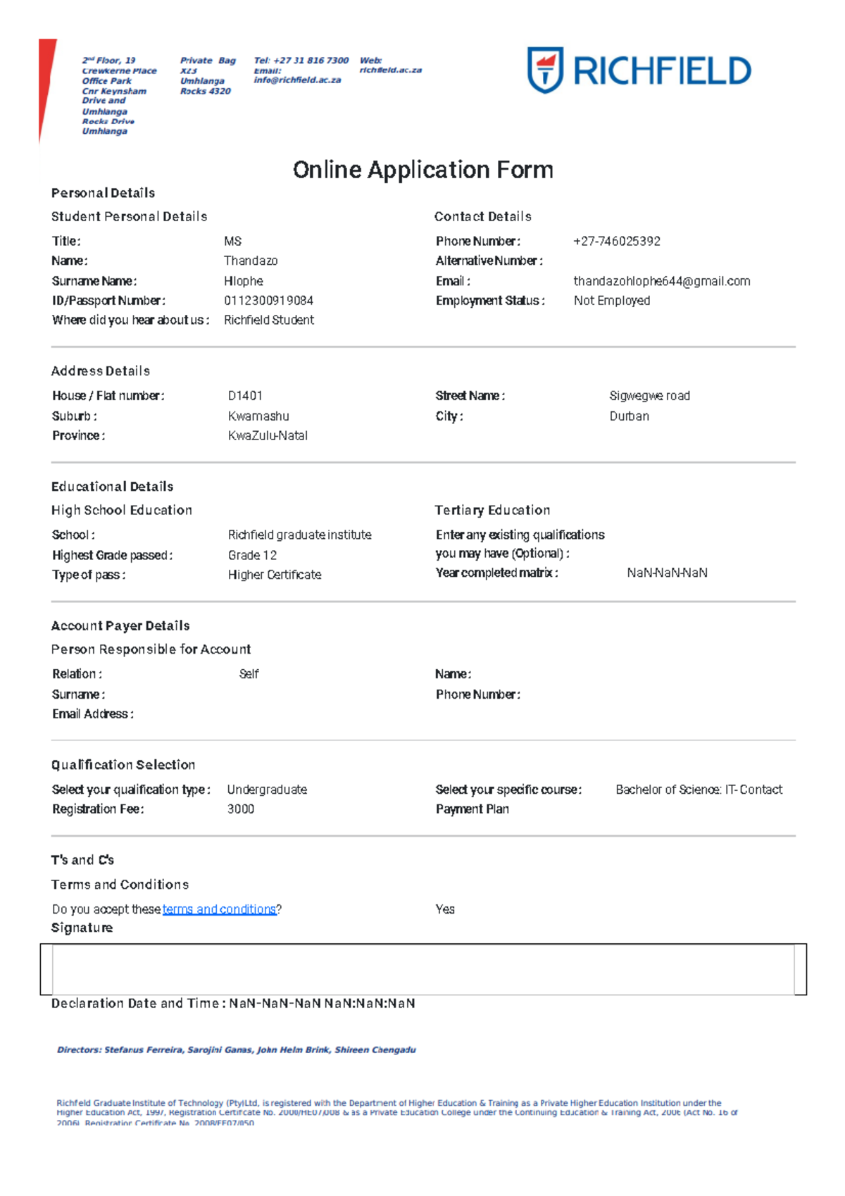 Richfield Bursary Application - Online Application Form Personal ...