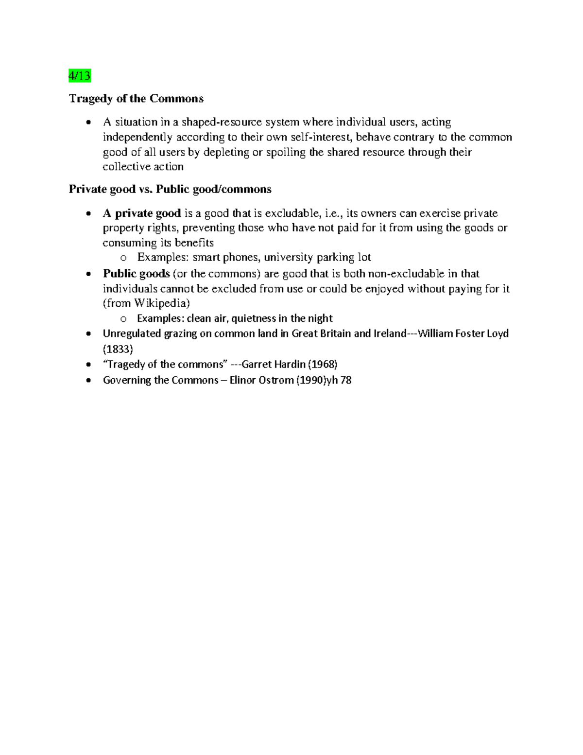 Tragedy of the commons lecture notes - 4/ Tragedy of the Commons • A ...