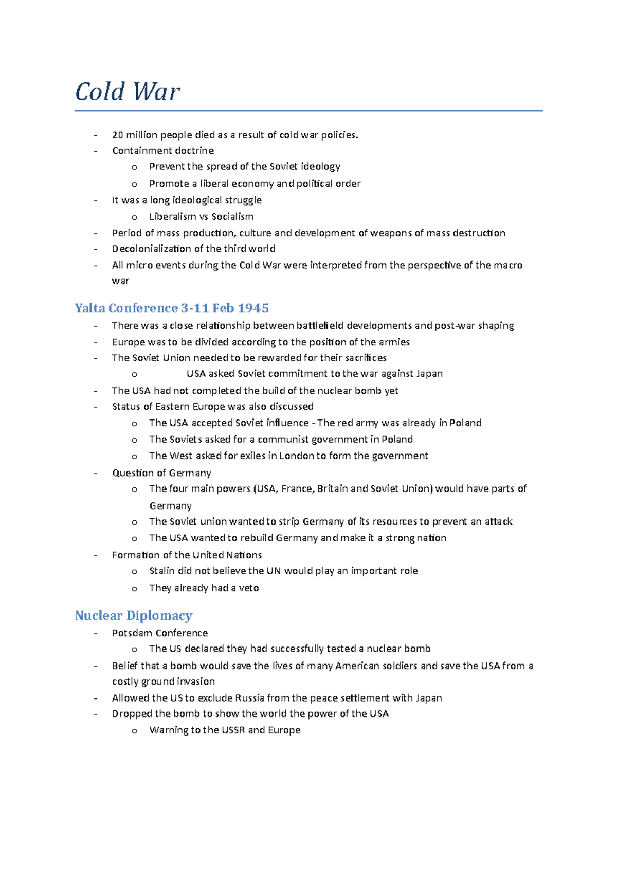 Cold War week 1 semester B - Cold War 20 million people died as a ...