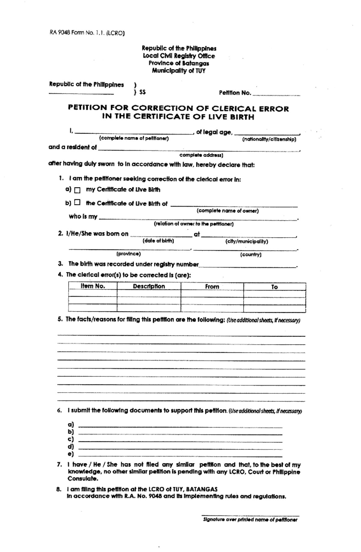 Petition for Correction in Birth Certificate template - RA 9048 Form No ...