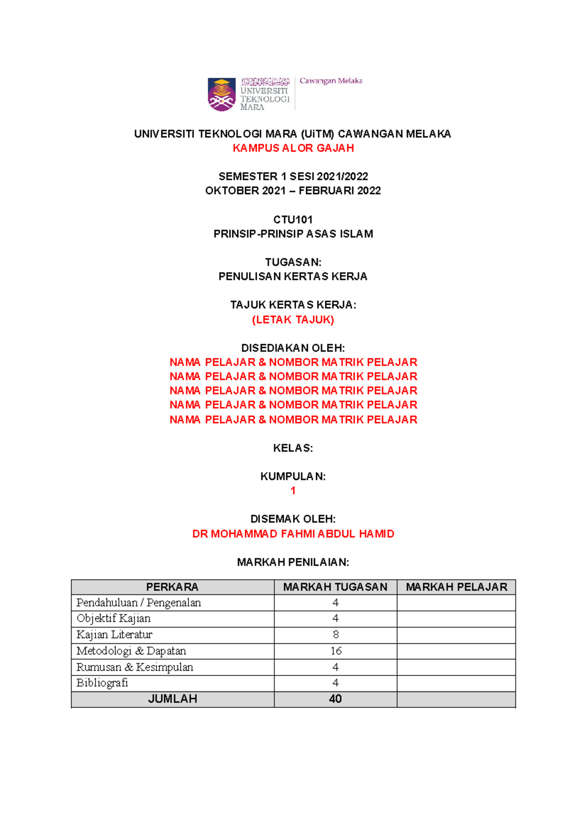 Contoh MUKA Hadapan Kertas Kerja - UNIVERSITI TEKNOLOGI MARA (UiTM ...