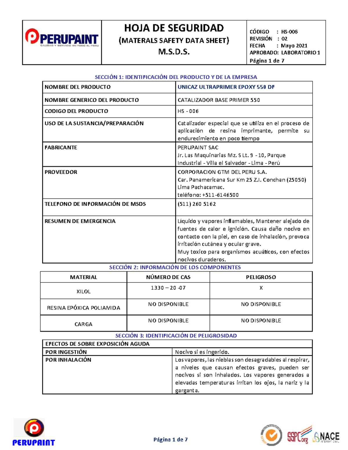 Catalizador - Ultraprimer- Epoxy-550-DF MSDS - (MATERALS SAFETY DATA ...