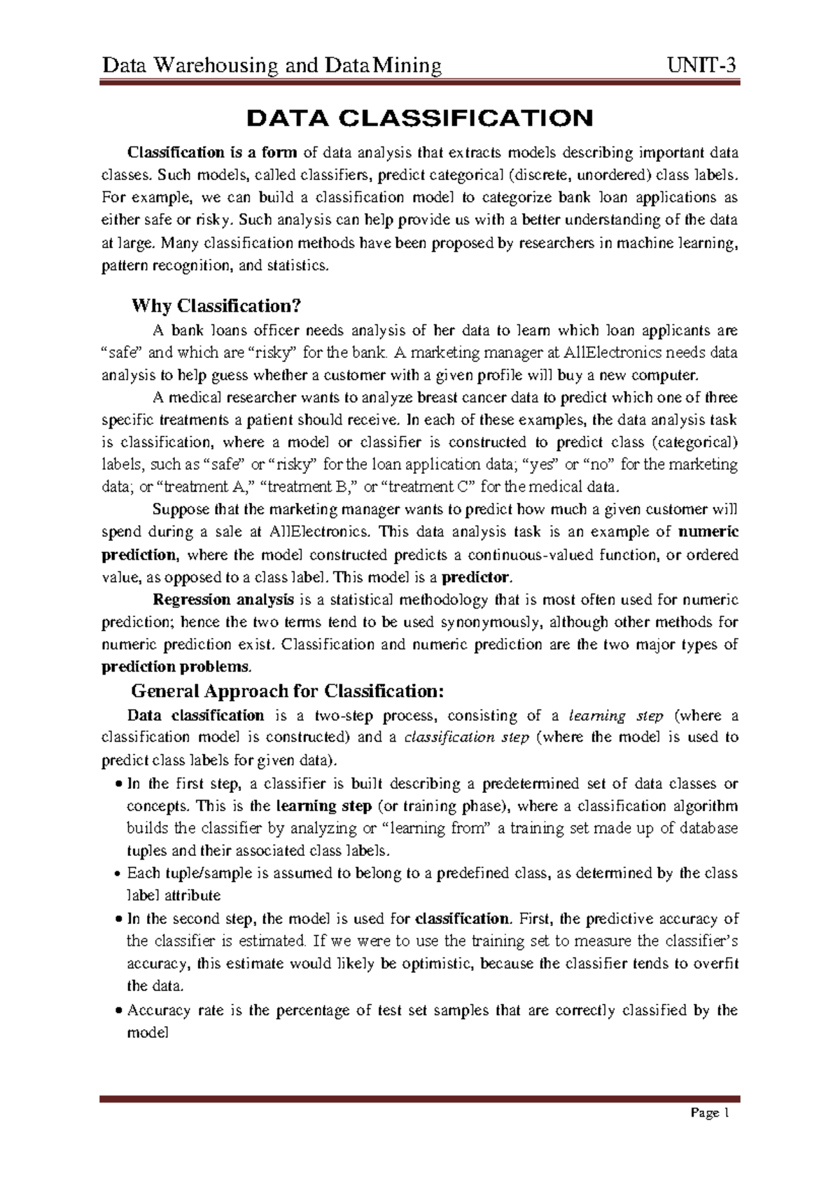 Siv Unit 3 Classification Dwm Part A Data Classification