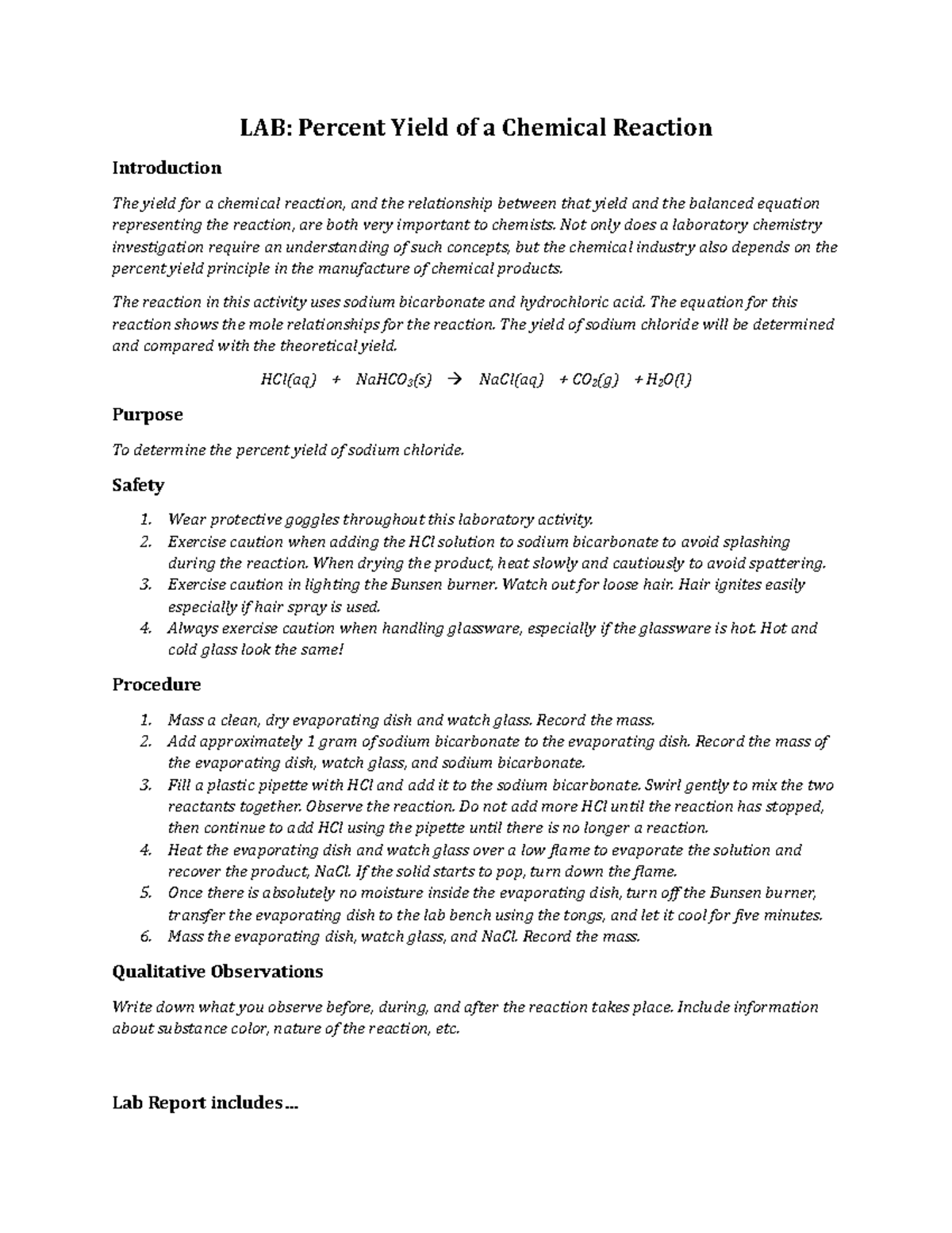 Percent Yield Lab 1 - presentation - LAB: Percent Yield of a Chemical ...