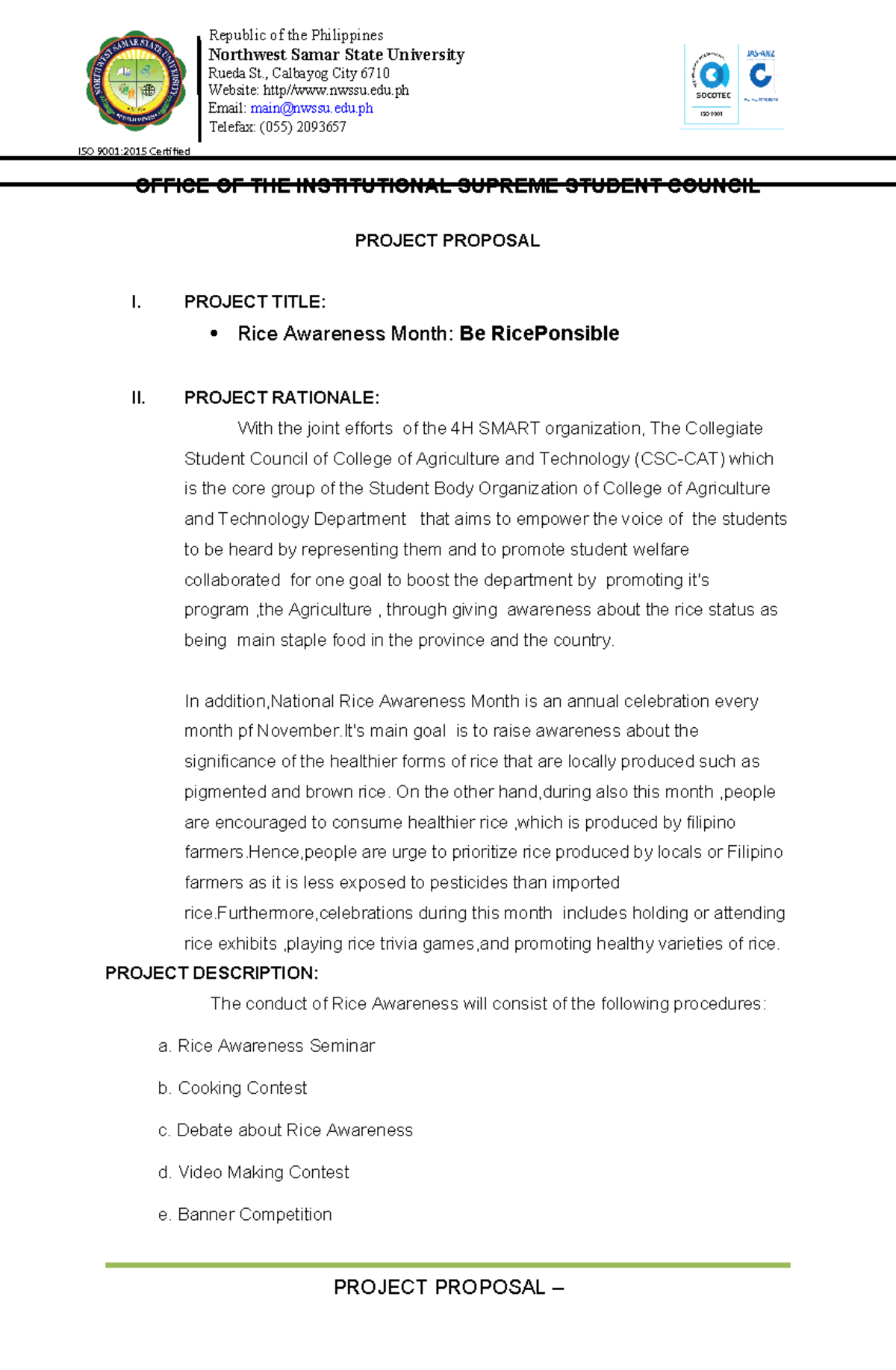 Rice Awareness Month Proposal - OFFICE OF THE INSTITUTIONAL SUPREME ...