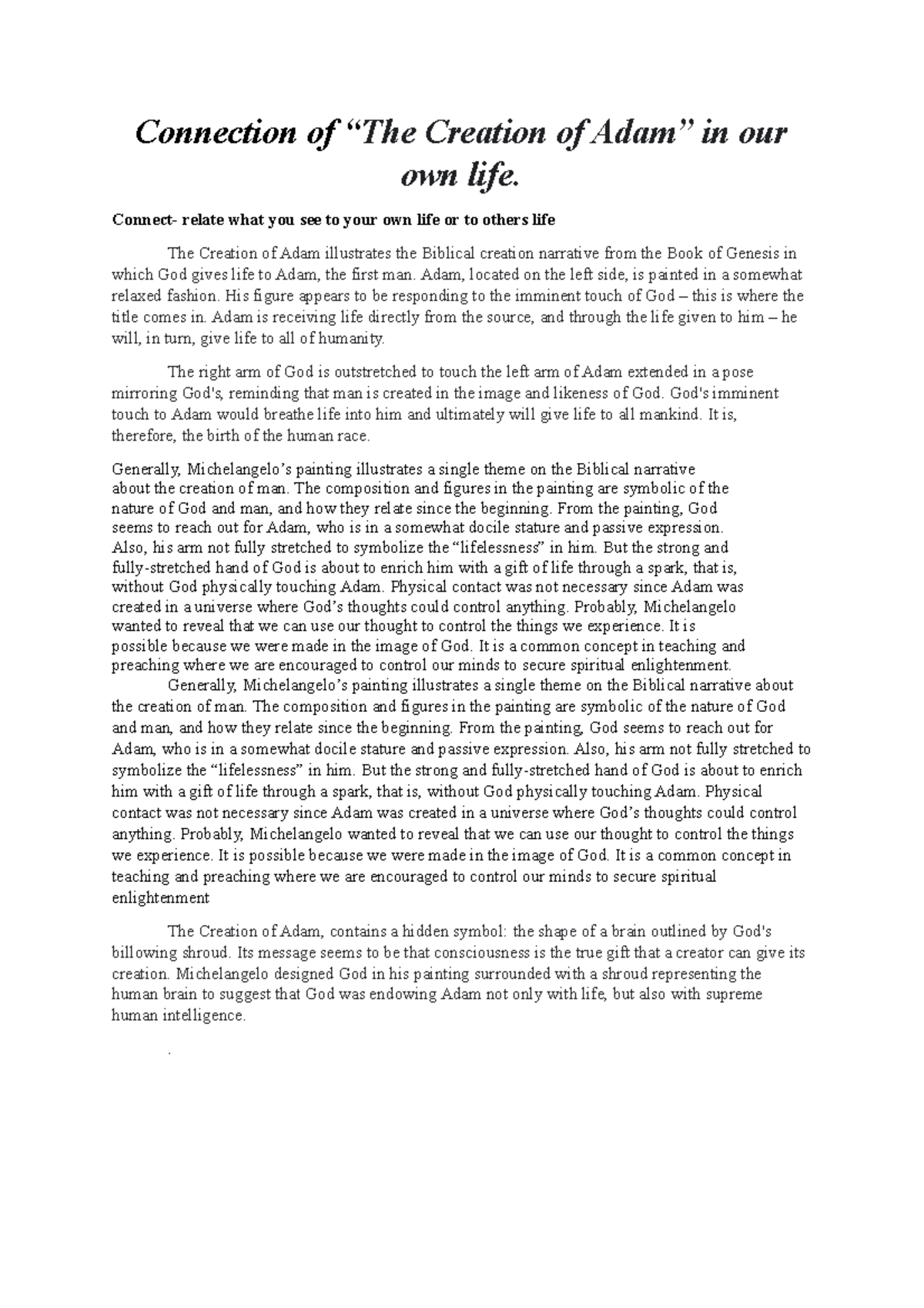 Connection of “The Creation of Adam” in our own life - Connect- relate ...