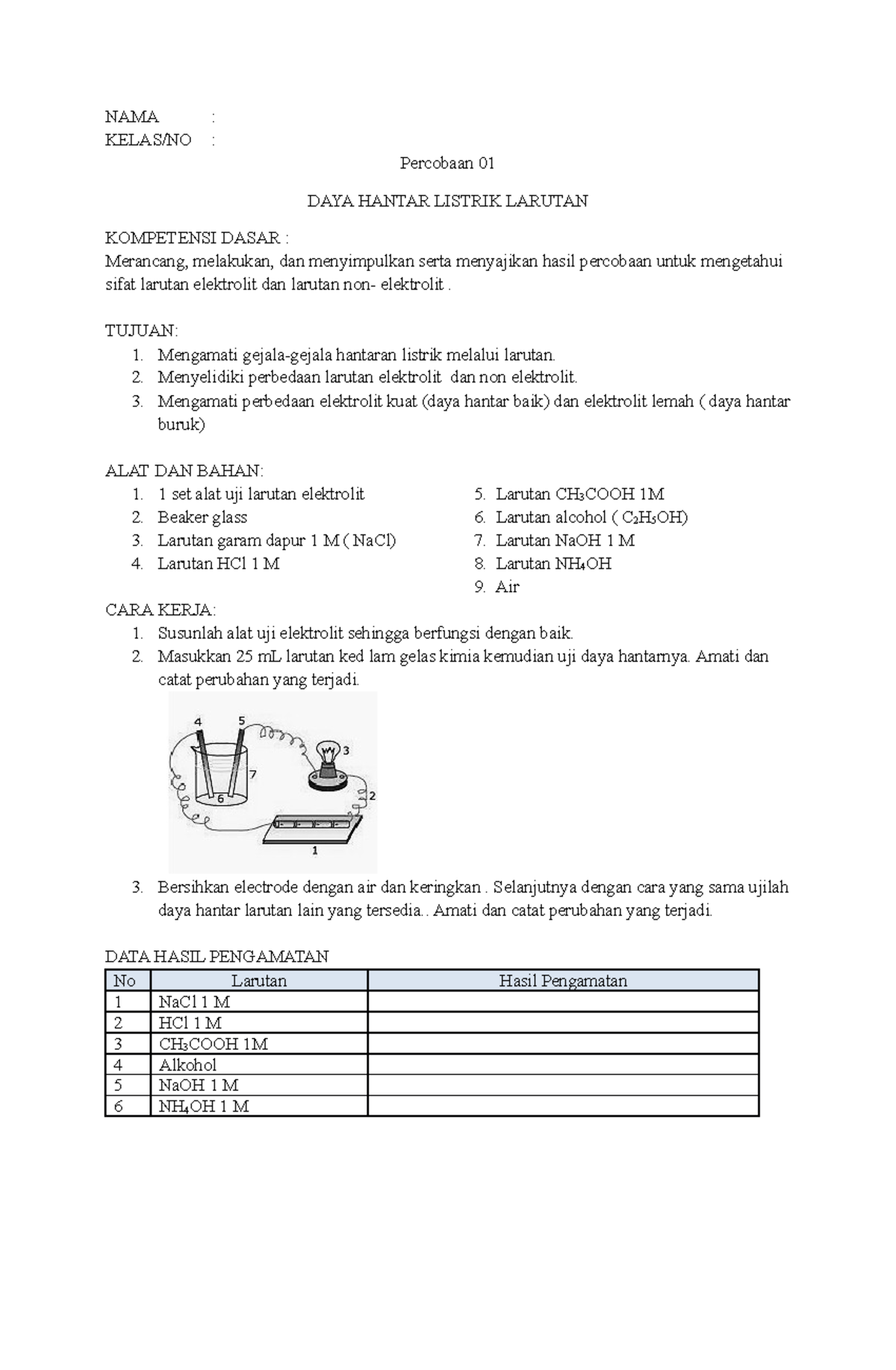 01. DAYA Hantar Listrik - NAMA : KELAS/NO : Percobaan 01 DAYA HANTAR ...