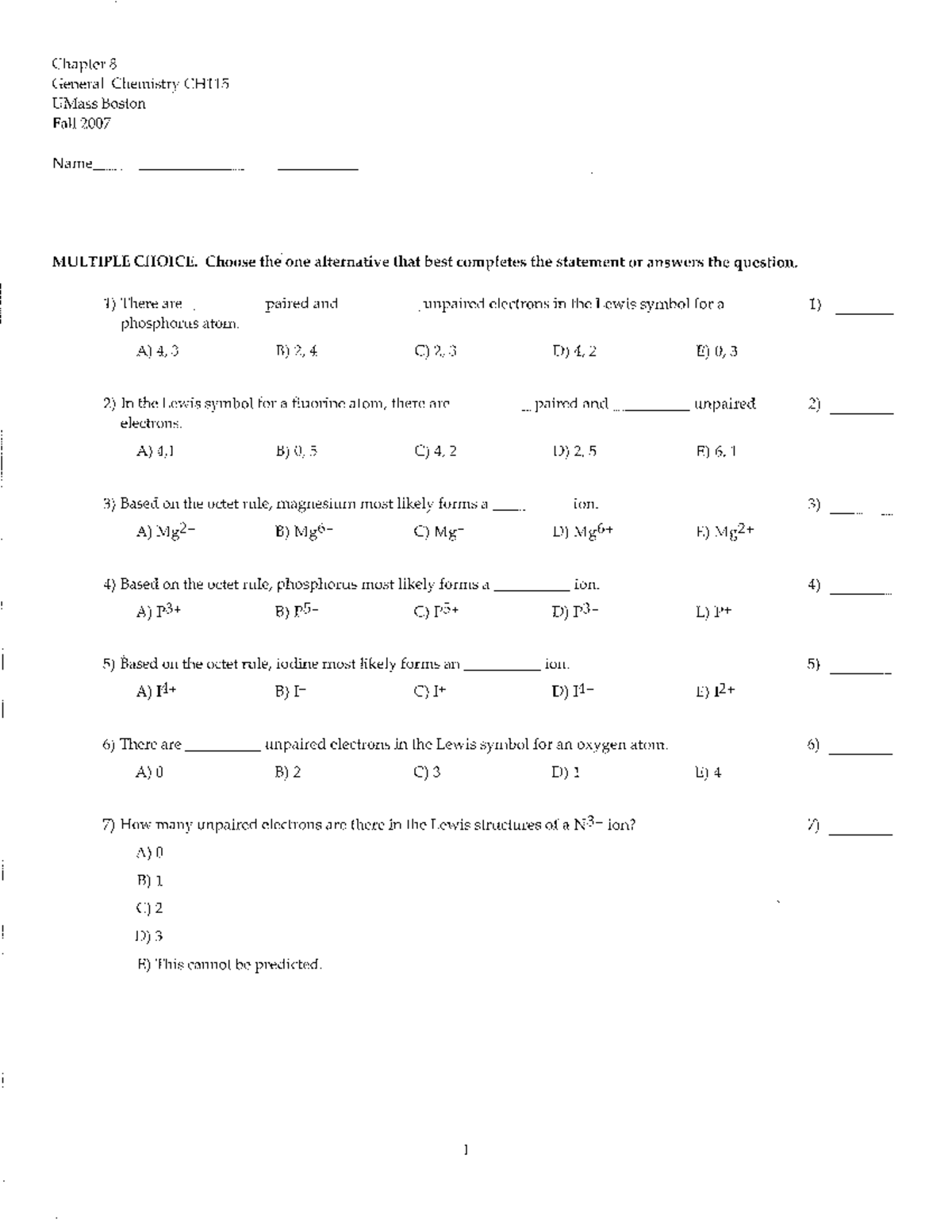 Chapter 8 - Chapter 8 General Chemistry CH115 UMass Boston Fall 2007 ...