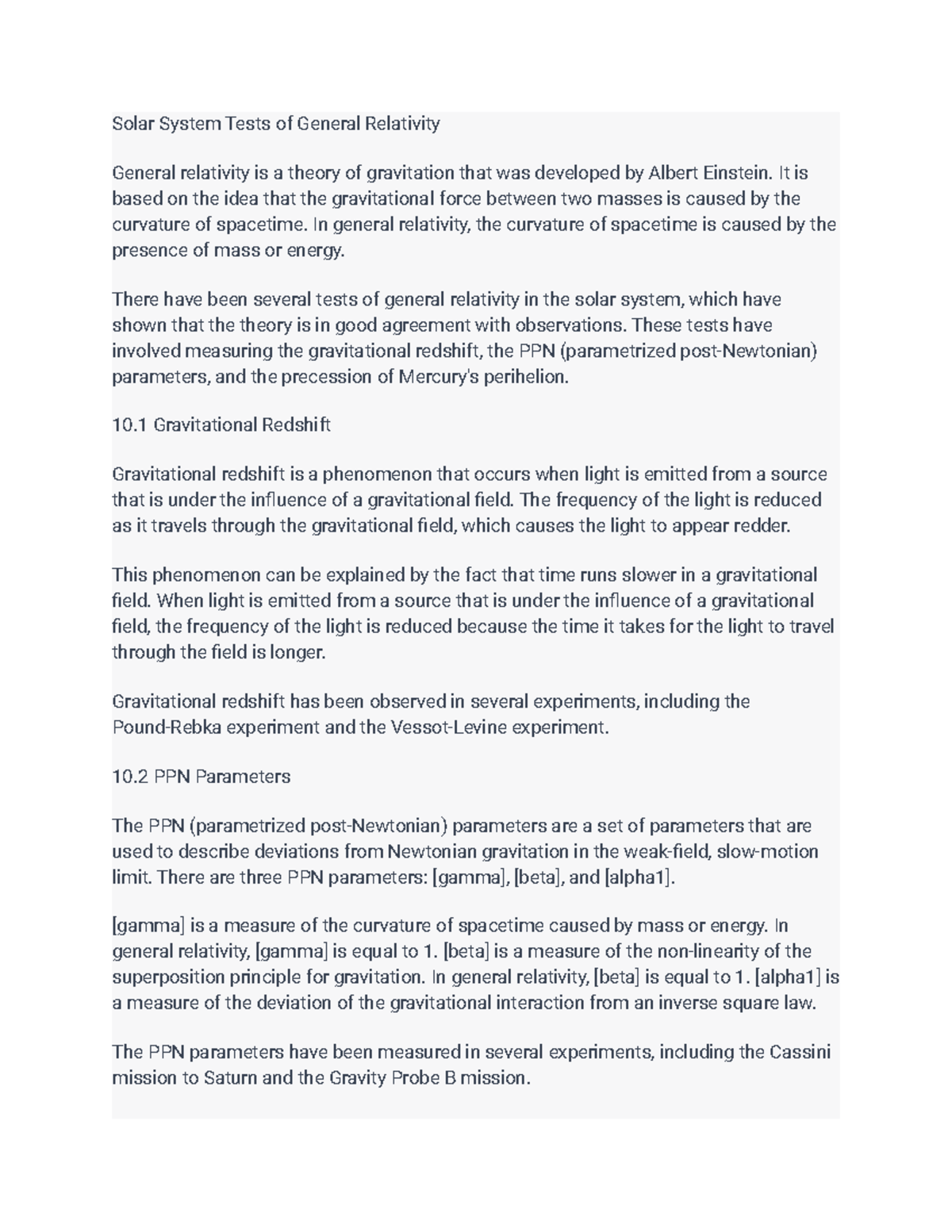 Chapter 10 Notes 10 Solar System Tests Of General Relativity 10 1 Gravitational Redshift 10